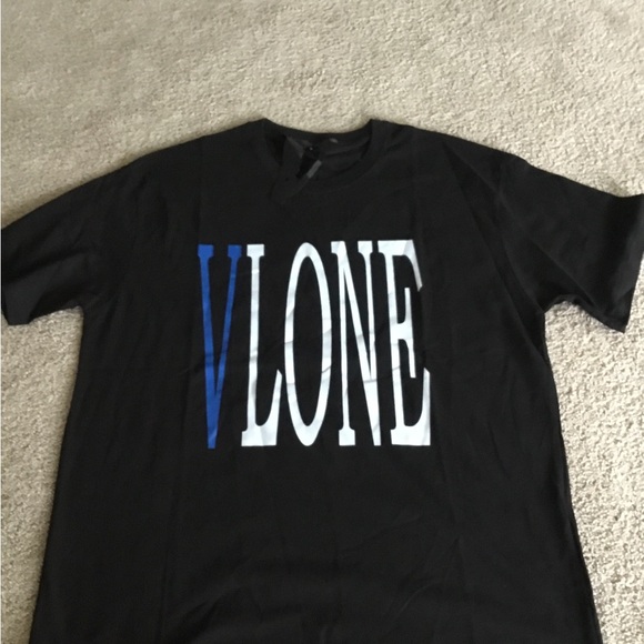VLONE | Shirts | Vlone Black Tshirt With Blue And White Logo Large ...